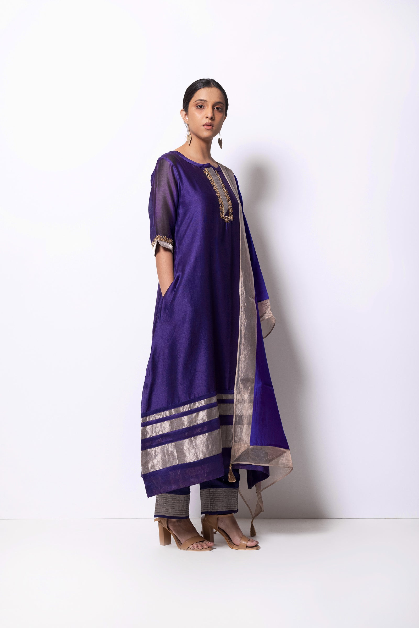 Violet Chanderi Silk - A-line Kurta Set