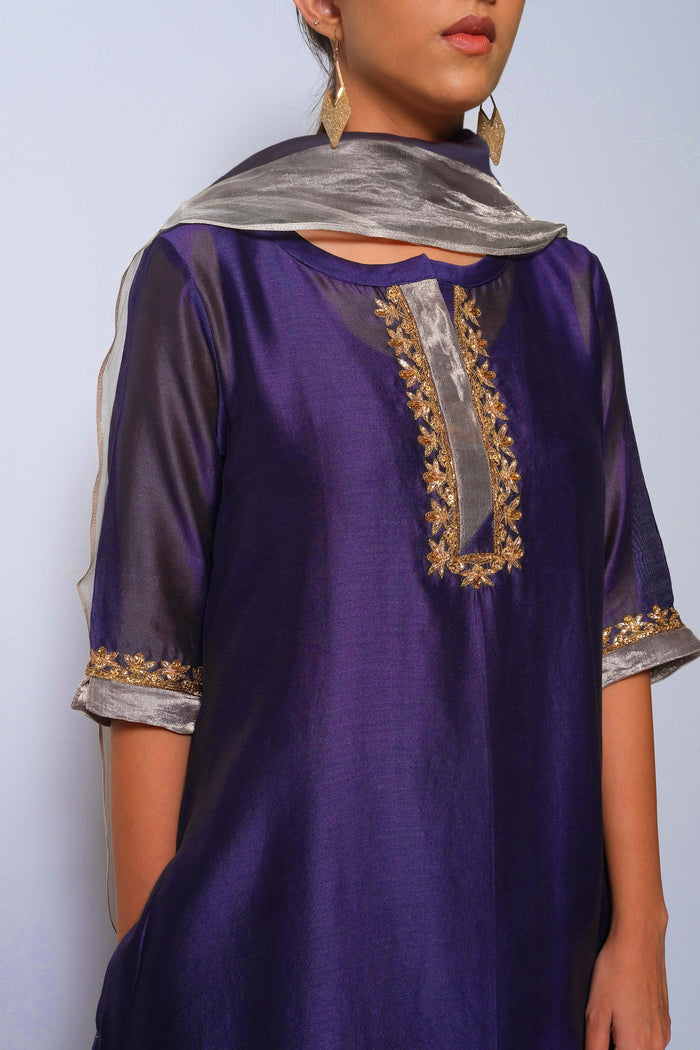 Violet Chanderi Silk - A-line Kurta Set